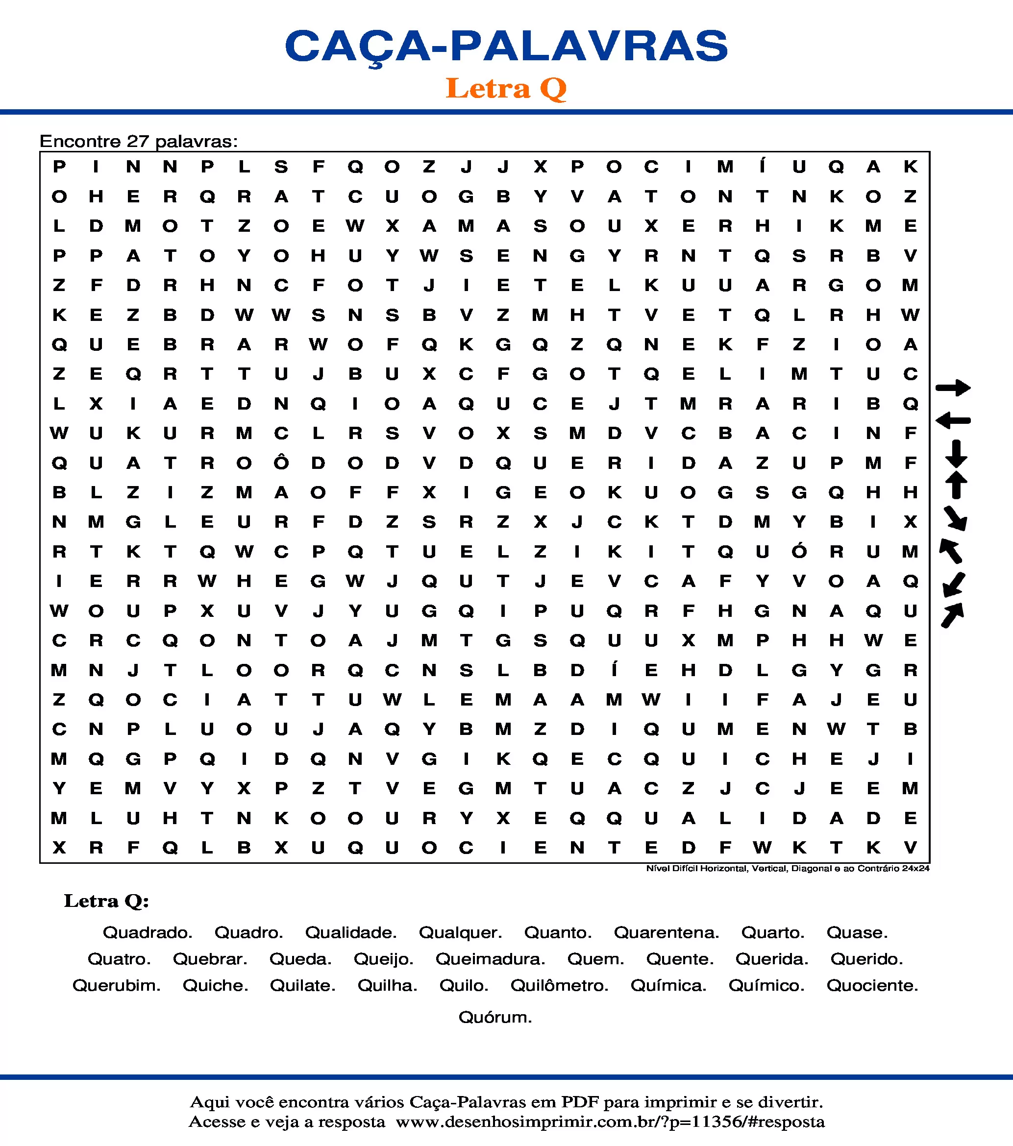 Caça Palavras da Letra Q para imprimir - Desenhos Imprimir