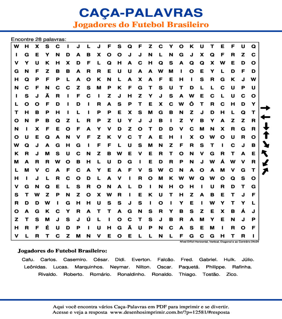 Caça Palavras com Jogadores do Futebol Brasileiro - Desenhos Imprimir